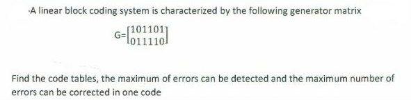 Solved A linear block coding system is characterized by the | Chegg.com