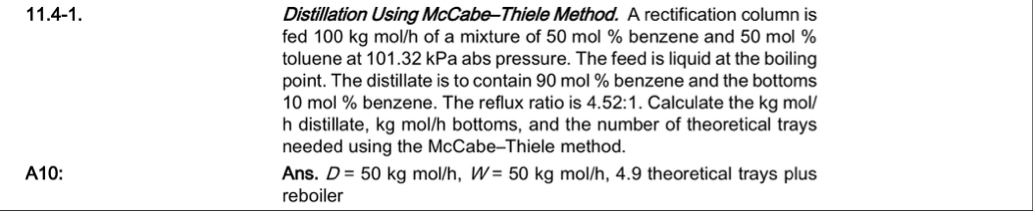 Solved 11.4-1. , ﻿Distillation Using McCabe-Thiele Method. A | Chegg.com