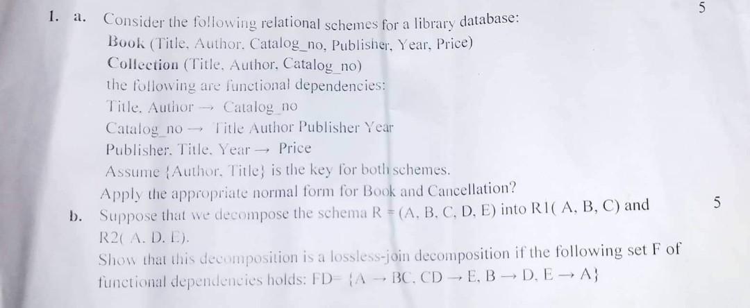 Solved 1. a. Consider the following relational schemes for a | Chegg.com