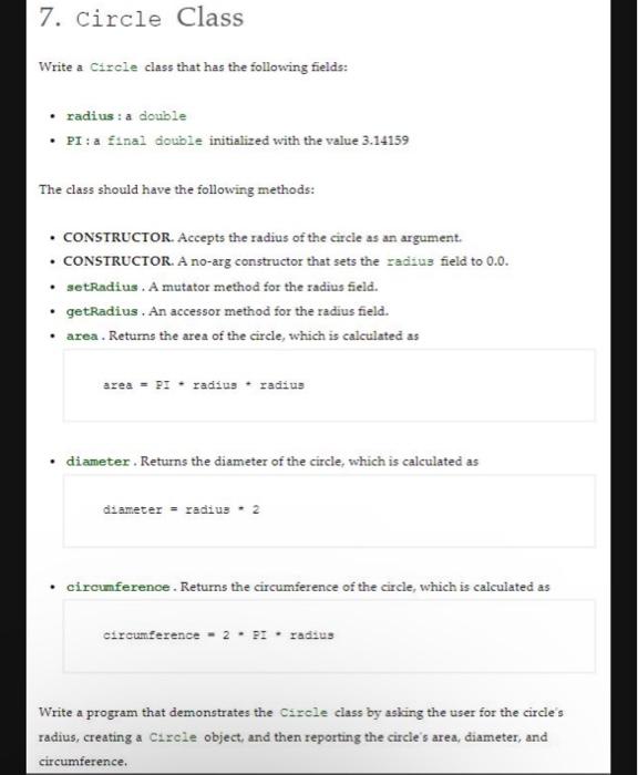 Solved 7 Circle Class Write A Circle Class That Has The 1026