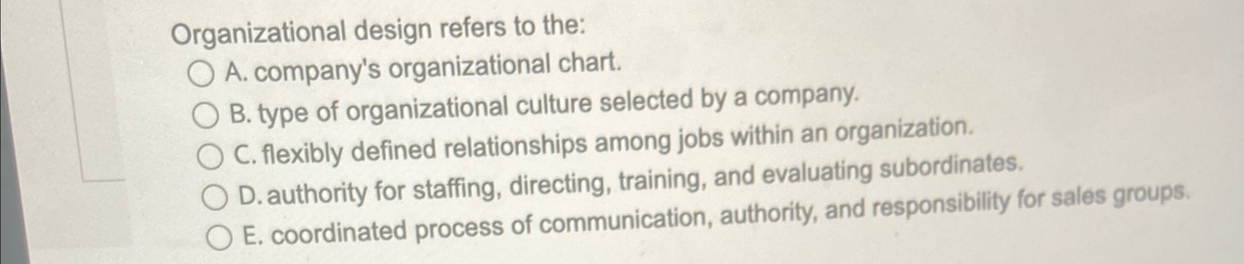 Solved Organizational design refers to the:A. ﻿company's | Chegg.com