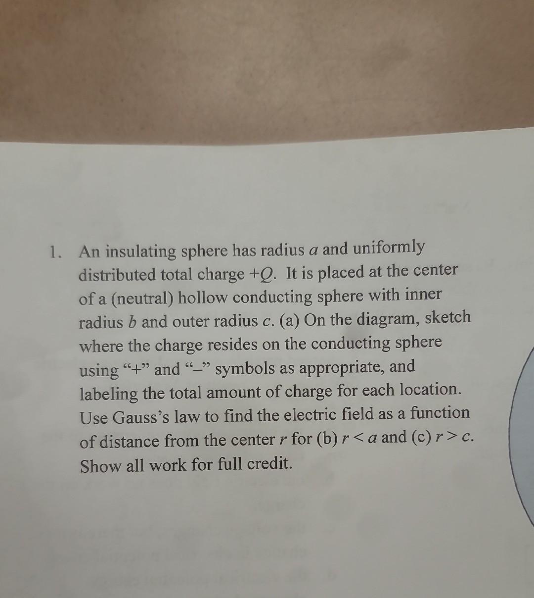 Solved 1. An insulating sphere has radius a and uniformly | Chegg.com