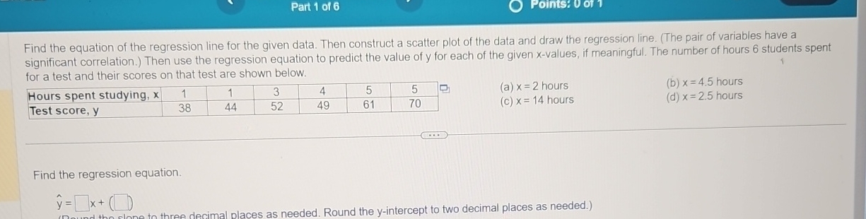 Solved Part 1 ﻿of 6Find the equation of the regression line | Chegg.com