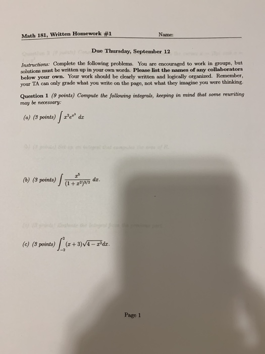 Solved Name: Math 181, Written Homework #1 Due Thursday, | Chegg.com