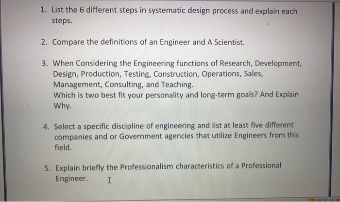Solved 1. List the 6 different steps in systematic design | Chegg.com