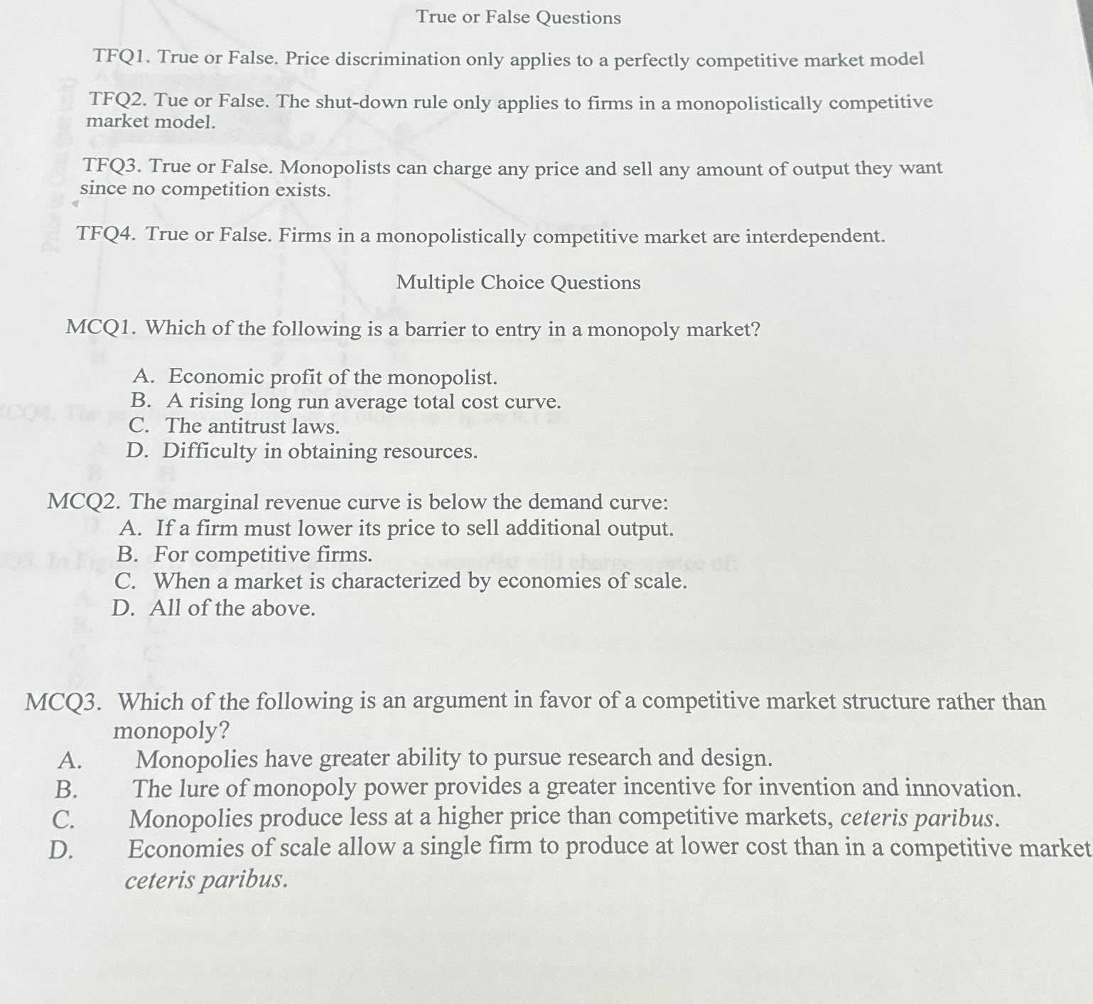 Solved True or False QuestionsTFQ1. ﻿True or False. Price | Chegg.com