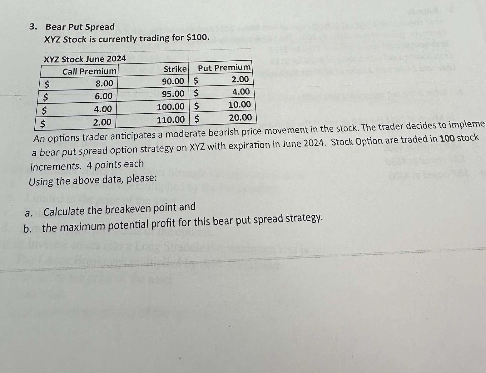 Solved Bear Put Spread xYZ ﻿Stock is currently trading for | Chegg.com