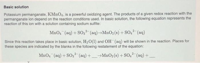 Solved Basic solution Potassium permanganate, KMnO4, is a | Chegg.com