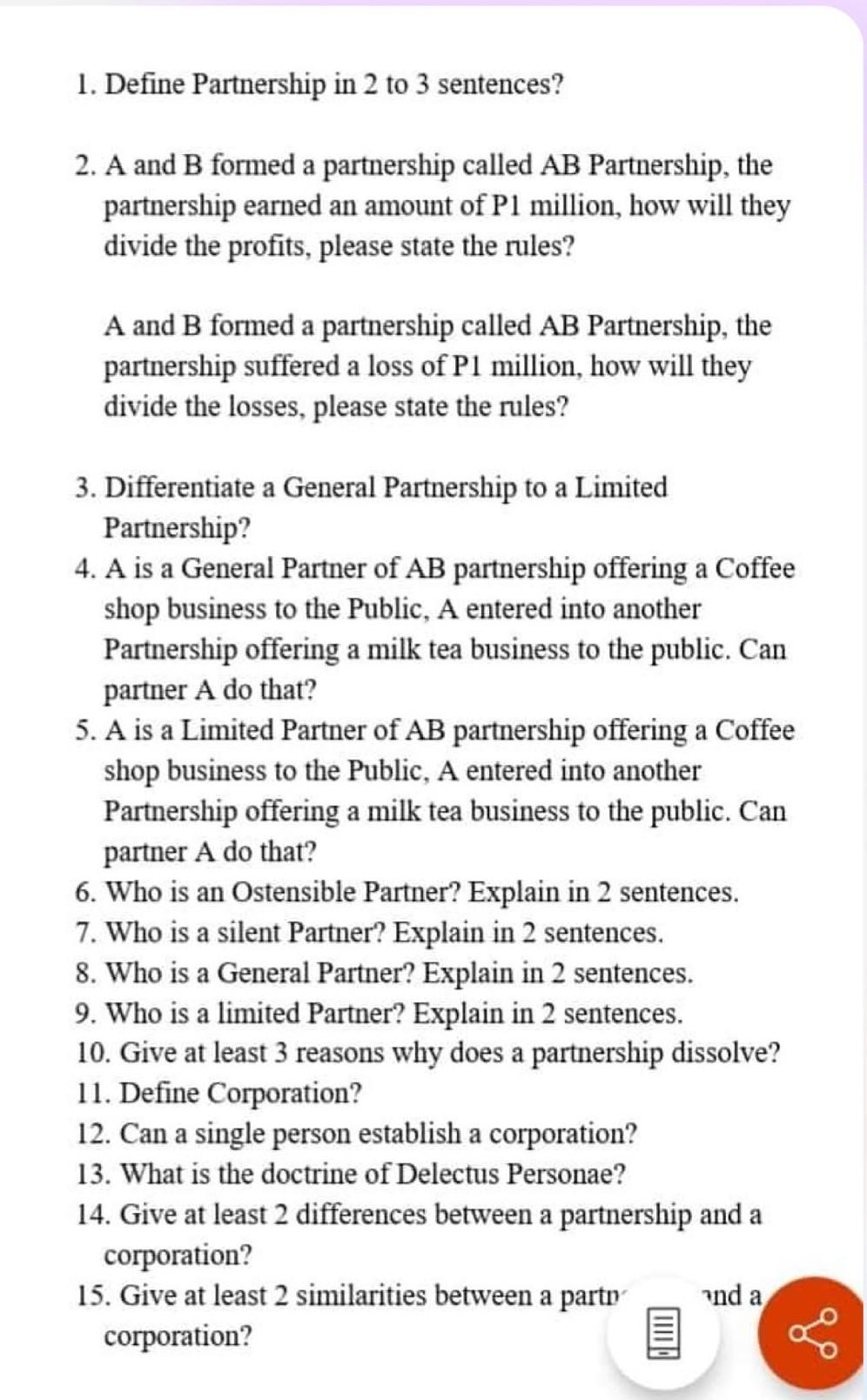 1. Define Partnership in 2 to 3 sentences? 2. A and B | Chegg.com