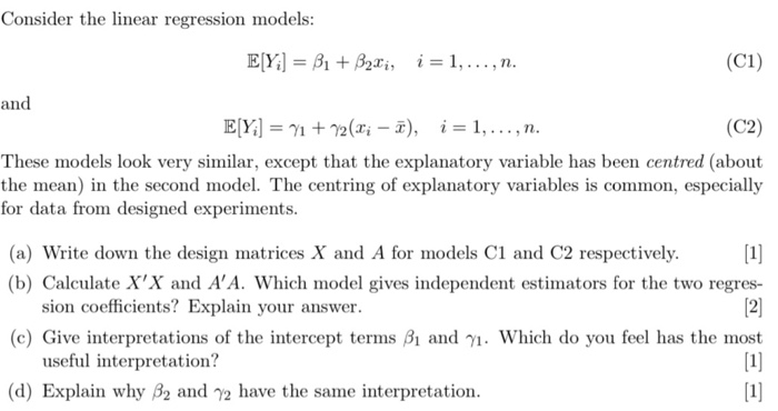 Solved Consider the linear regression models: (C1) and (C2) | Chegg.com