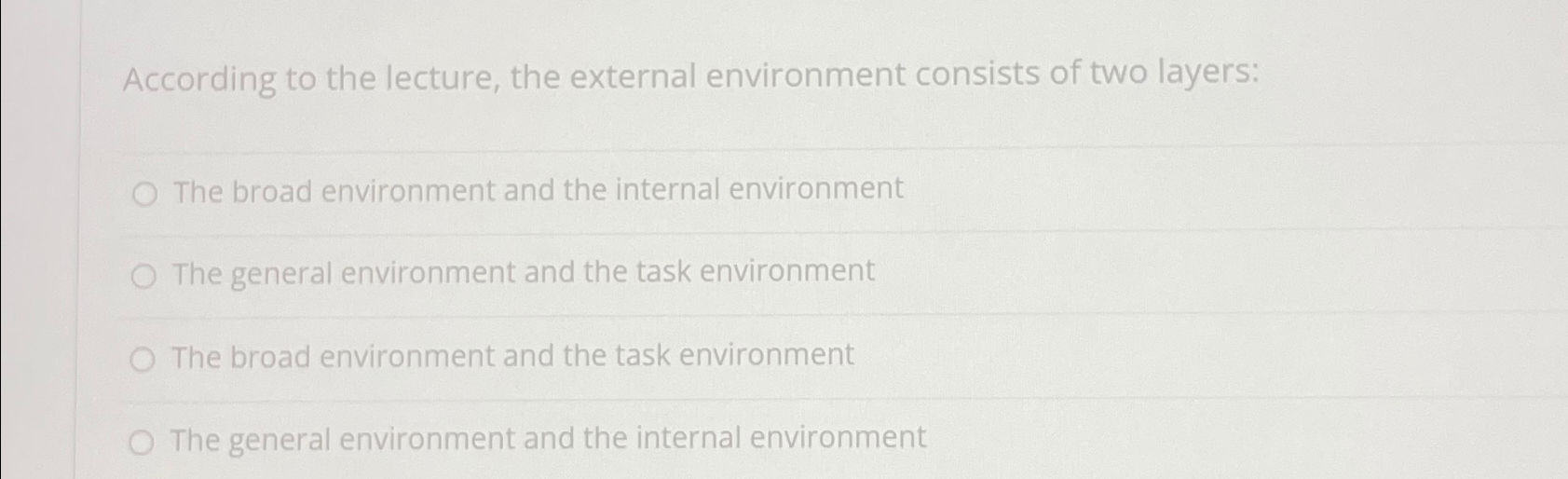 Solved According to the lecture, the external environment | Chegg.com