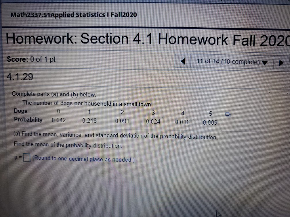 Solved Math2337.51Applied Statistics I Fall2020 Homework: | Chegg.com