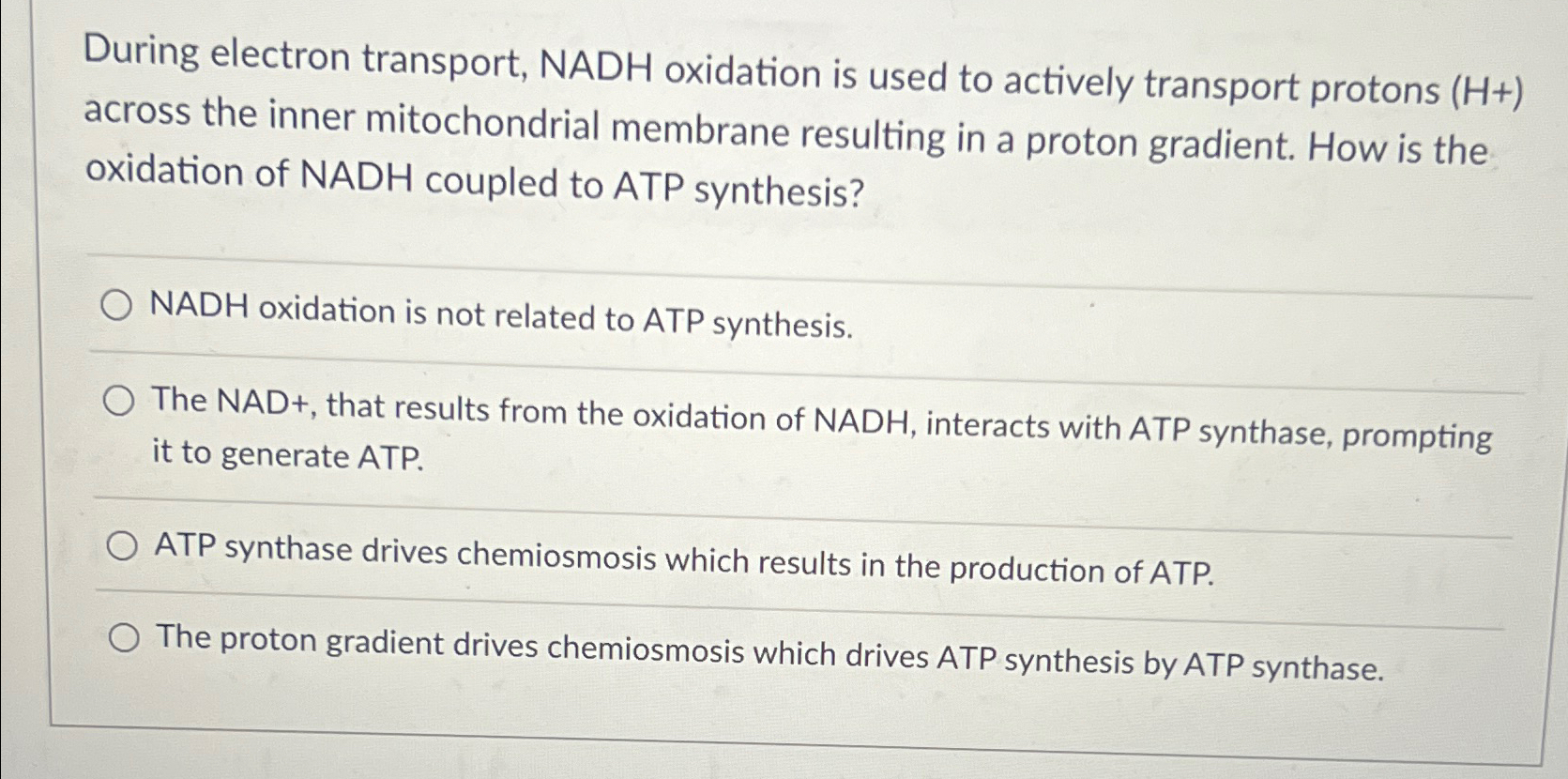 Solved During electron transport, NADH oxidation is used to | Chegg.com