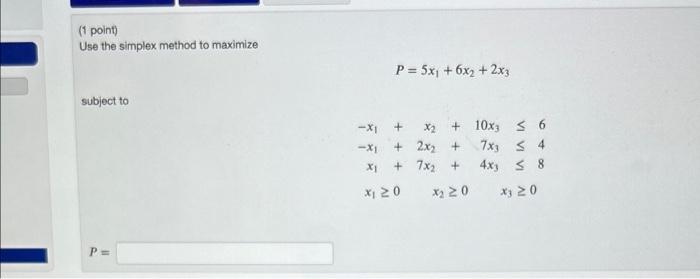 Solved (1 point) Use the simplex method to maximize | Chegg.com