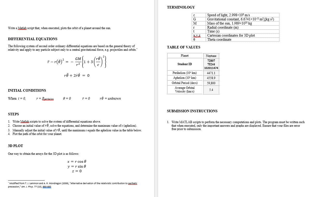 TABLE OF VALUESSUBMISSION INSTRUCTIONSWrite MATLAB | Chegg.com