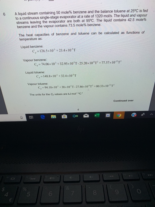 Solved A liquid stream containing 50 mole% benzene and the | Chegg.com