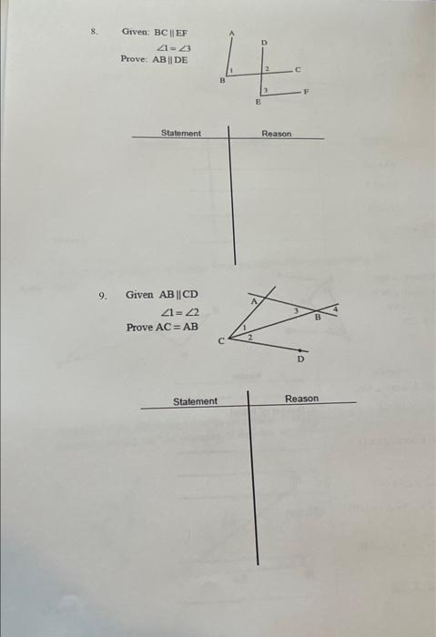 Solved 8. 9. Given: BC || EF 41=23 Prove: AB || DE Statement | Chegg.com