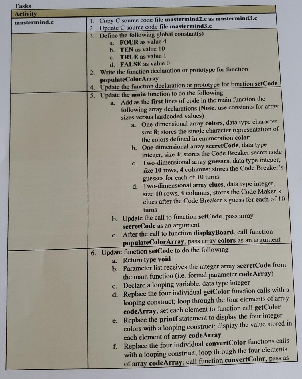 Solved Tasks Activity mastermind.c a. 1. Copy C source code | Chegg.com