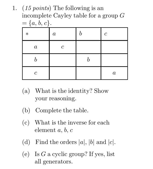 Solved 1. (15 points) The following is an incomplete Cayley | Chegg.com