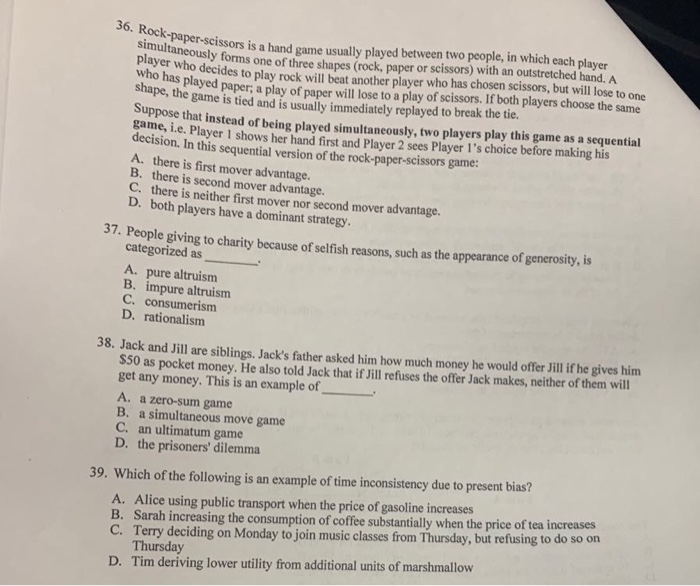 Solved 36. Rock-paper-scissors is a simultaneously forms one | Chegg.com