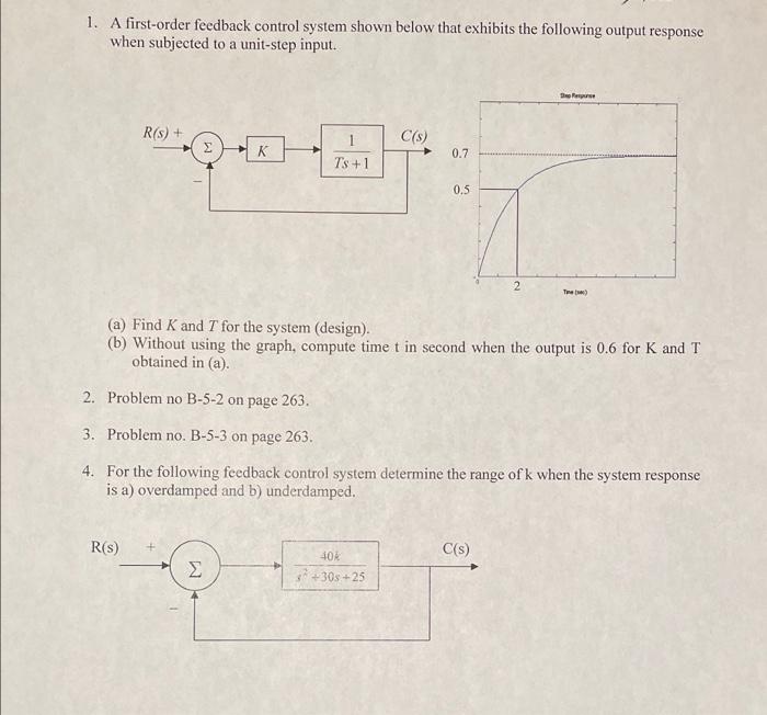 Solved 1. A first-order feedback control system shown below | Chegg.com