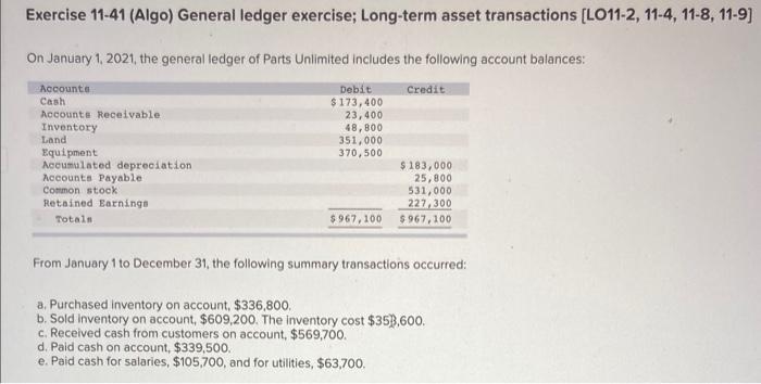Solved Exercise 11-41 (Algo) General ledger exercise; | Chegg.com