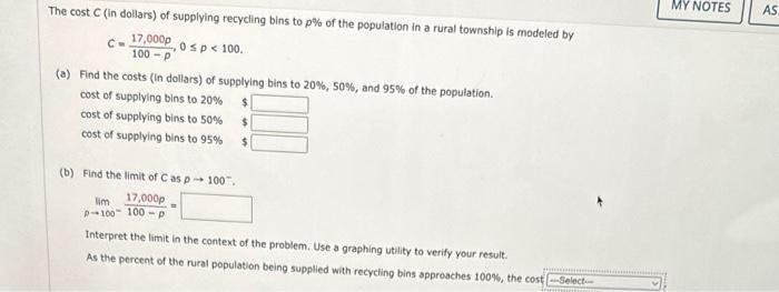 Solved The cost C (in dollars) of supplying recycling bins | Chegg.com