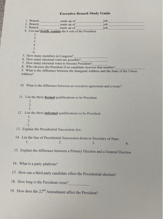 Executive Branch Study Guide job job job made up of | Chegg.com