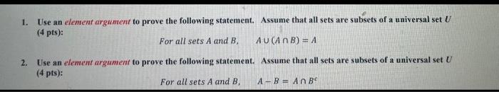 Solved 1. Use an element argument to prove the following | Chegg.com