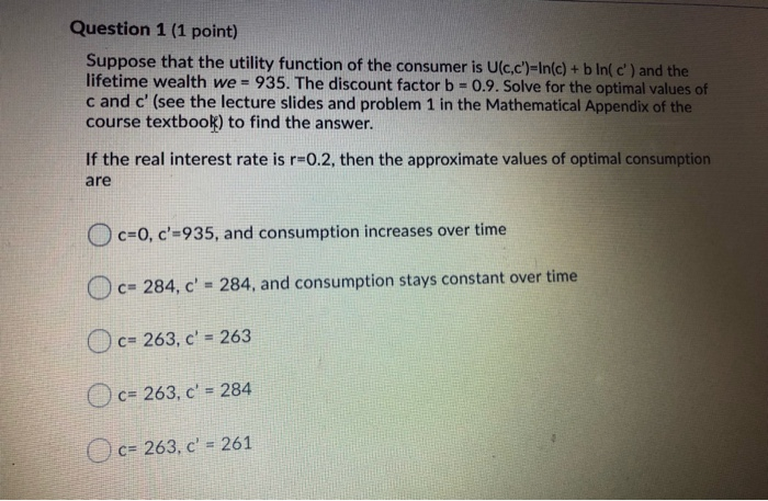 Question 1 1 Point Suppose That The Utility