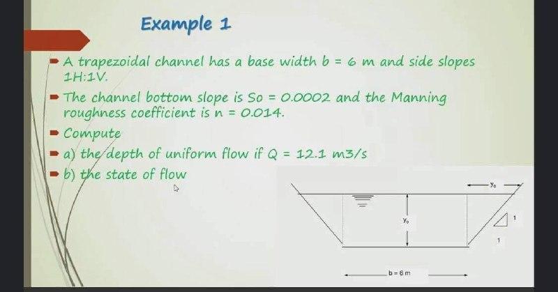 Solved Example 1 A trapezoidal channel has a base width b = | Chegg.com