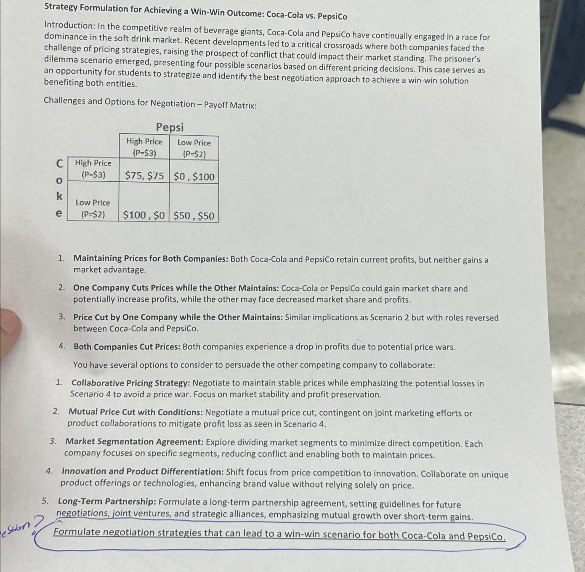 Solved Strategy Formulation for Achieving a Win-Win Outcome: | Chegg.com