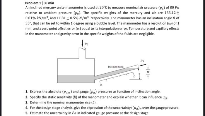 Solved Problem 1∣60 min An inclined mercury unity manometer | Chegg.com