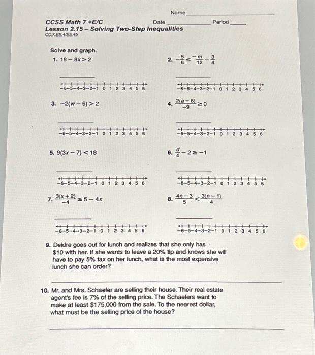 Solved CCSS Math 7 +E/C Date Lesson 2.15- Solving Two-Step | Chegg.com