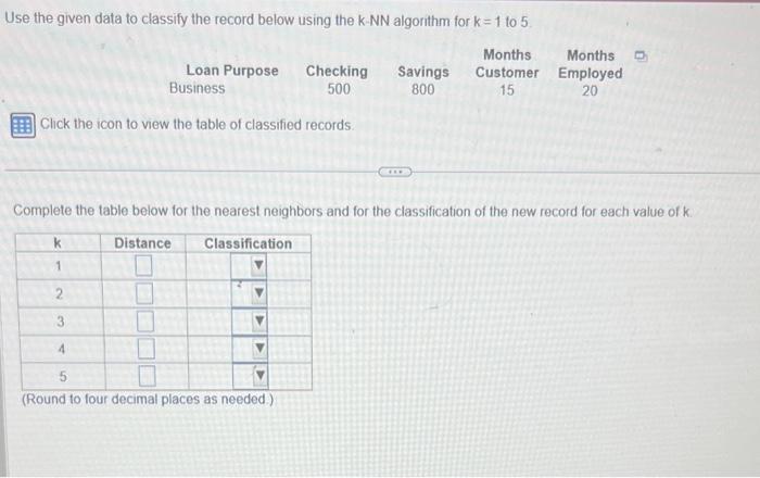 Use the given data to classify the record below using | Chegg.com