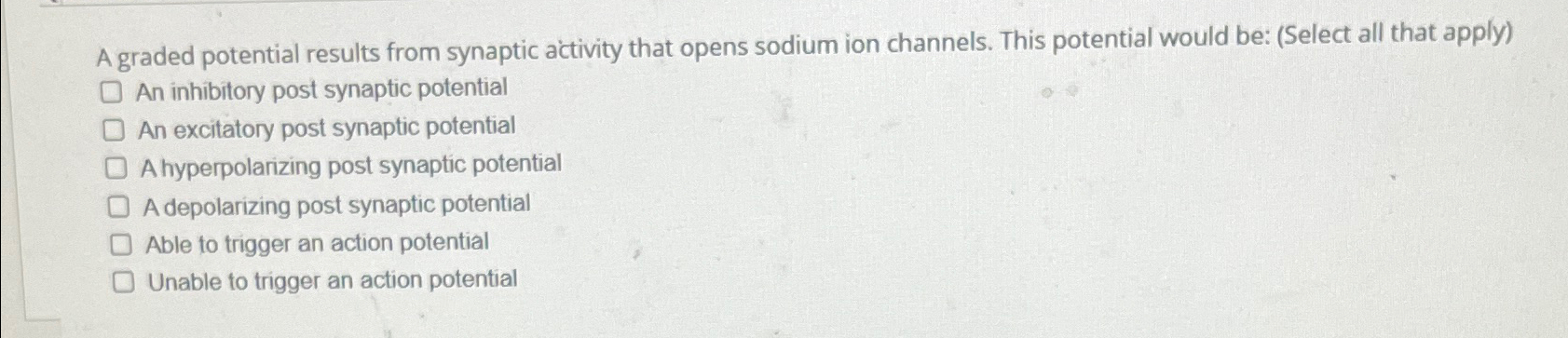 Solved A graded potential results from synaptic activity | Chegg.com