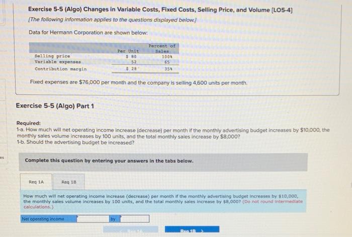 Solved Exercise 5-5 (Algo) Changes in Variable Costs, Fixed | Chegg.com