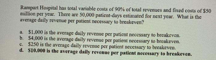 Solved Rampart Hospital has total variable costs of 90% of | Chegg.com