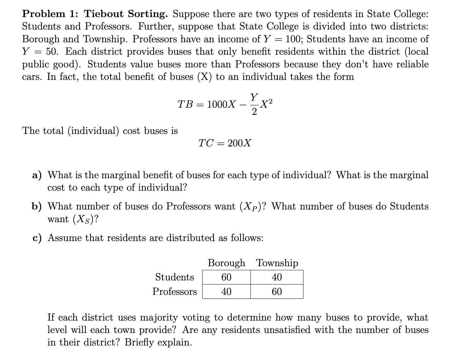 Solved Problem 1: Tiebout Sorting. Suppose there are two | Chegg.com