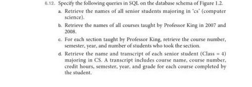 Solved 6:12. Specify the following queries in SQL on the | Chegg.com