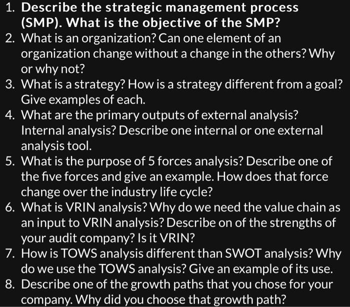 Solved 1. Describe the strategic management process (SMP). | Chegg.com