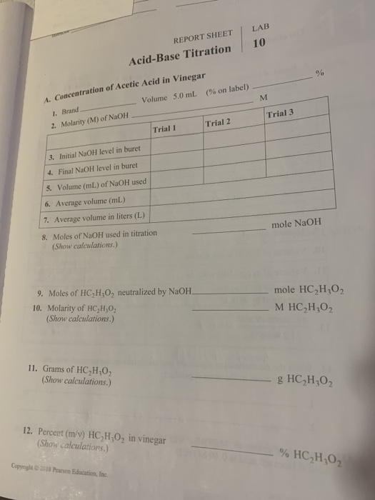 LAB 10 REPORT SHEET Acid-Base Titration A. | Chegg.com