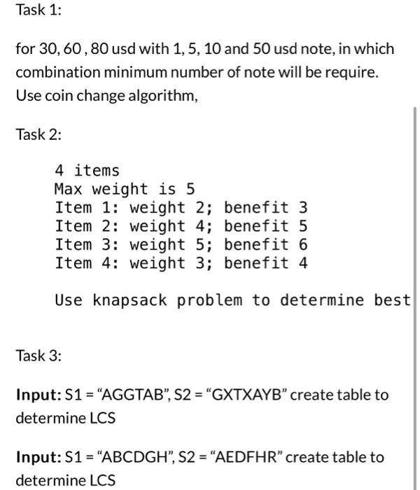 Solved Task 1: for 30,60,80 usd with 1,5,10 and 50 usd note, | Chegg.com