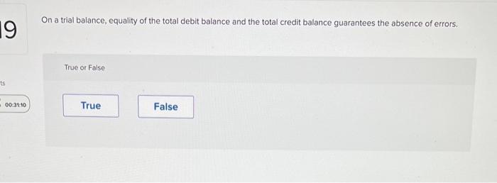 Solved On a trial balance, equality of the total debit | Chegg.com