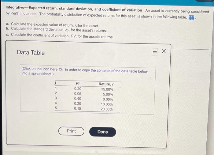 Solved Integrative-Expected return, standard deviation, and | Chegg.com