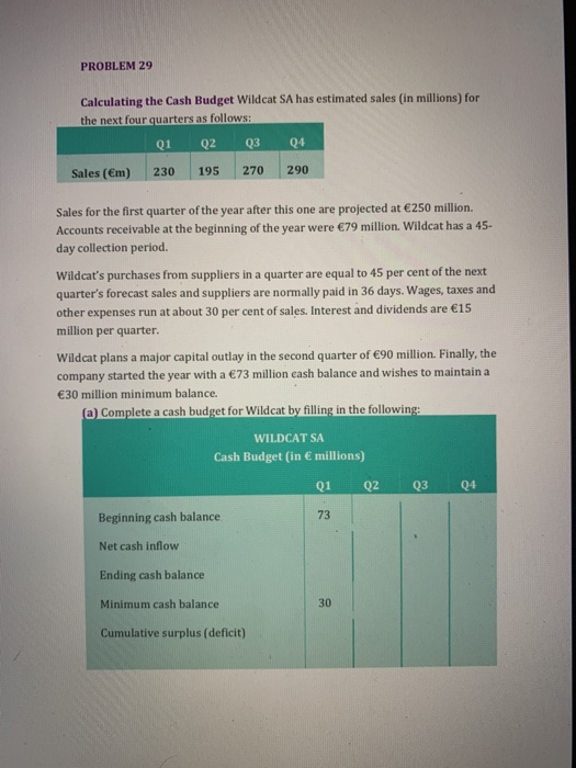 Solved PROBLEM 29 Calculating the Cash Budget Wildcat SA has | Chegg.com