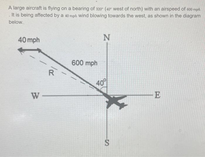 Solved A large aircraft is flying on a bearing of 320° (40° | Chegg.com