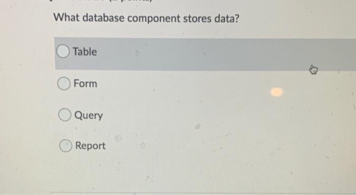 Solved What database component stores data? Table Form Query | Chegg.com