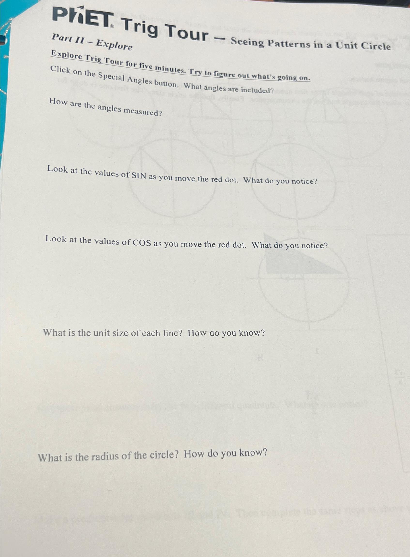 Solved Prĩ ﻿E1. ﻿Trig Tour - ﻿Seeing Patterns in a Unit | Chegg.com