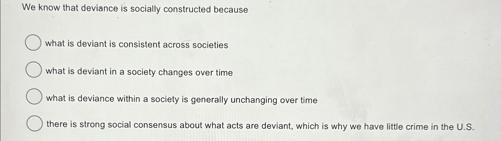Solved We know that deviance is socially constructed | Chegg.com